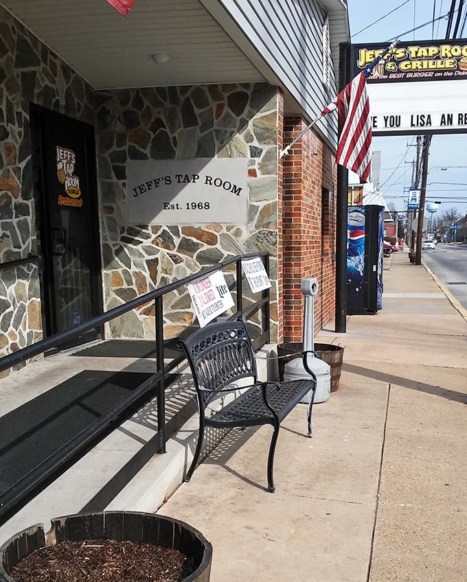 The stone facade entrance with its "Est. 1968" sign speaks to decades of serving the community. That bench outside? Perfect for the five-minute wait that's always worth it.