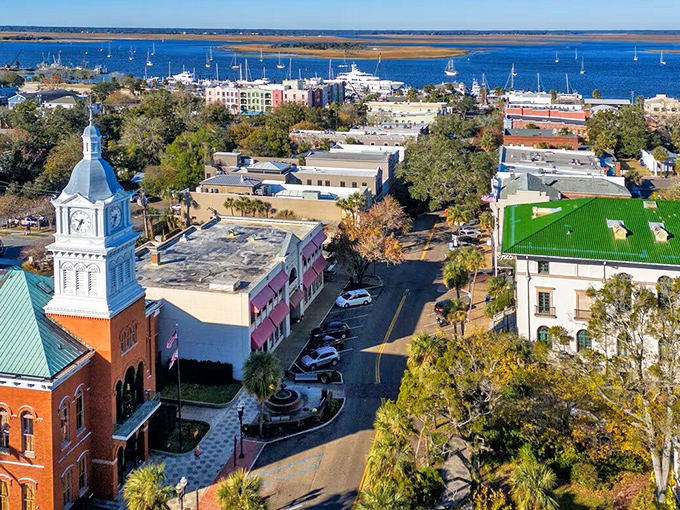 From above, Fernandina Beach reveals its perfect positioning between history and harbor, where Victorian architecture meets maritime adventure.