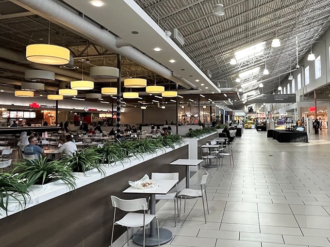 The food court—civilization's greatest contribution to shopping stamina. Where retail marathoners refuel before the final lap.
