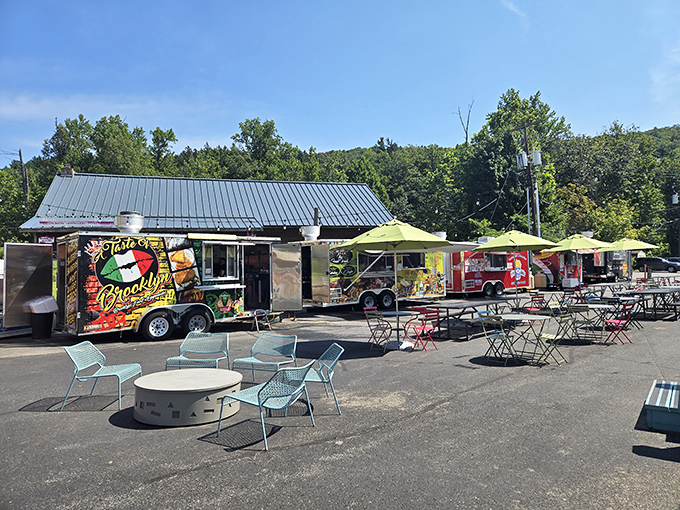 Food truck oasis with shaded seating—because serious shopping requires serious refueling. The perfect spot to debate your next retail conquest.