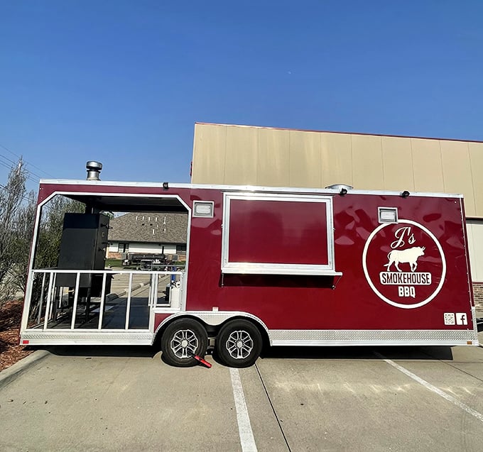 J's mobile operation brings the smoke show on the road. This gleaming red trailer means Nebraska's best barbecue might just roll into your neighborhood.