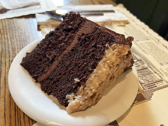 German chocolate cake that doesn't mess around – rich chocolate layers embracing coconut filling with the confidence of a dessert that knows exactly how good it is.