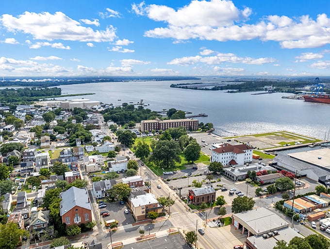 From above, Gloucester City reveals its greatest asset—prime Delaware River frontage with Philadelphia skyline views at a fraction of big-city costs.