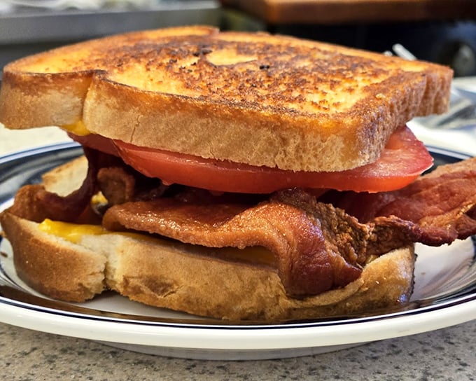 The humble grilled cheese elevated to art form—golden-brown perfection housing melted cheese and bacon that would make any rainy day better.