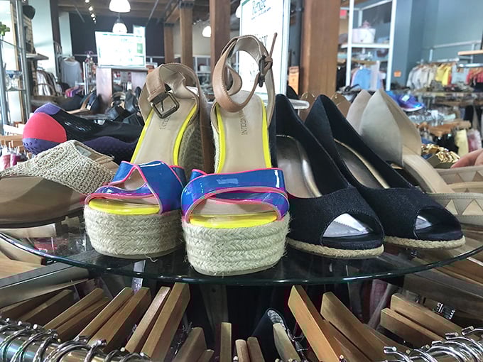 Designer heels and casual footwear share space democratically on this circular display—a lazy Susan of shoe possibilities for every occasion.