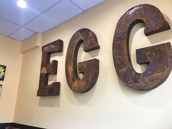 These rustic metal "EGG" letters aren't just decor—they're a declaration of breakfast priorities and a promise of yolky perfection to come.