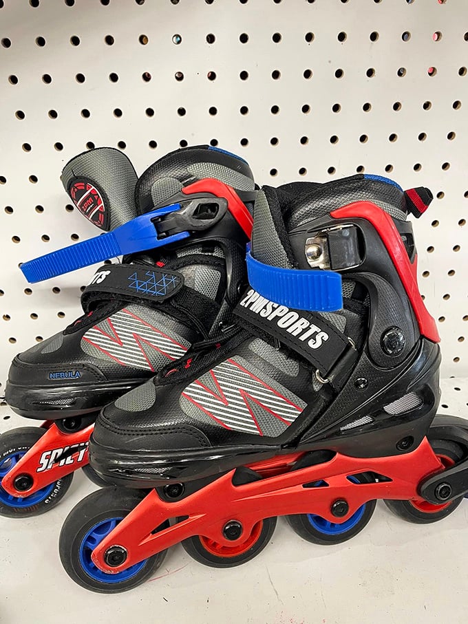 Rollerblades with plenty of miles left in them—yesterday's impulse purchase becomes tomorrow's new hobby at thrift store prices.