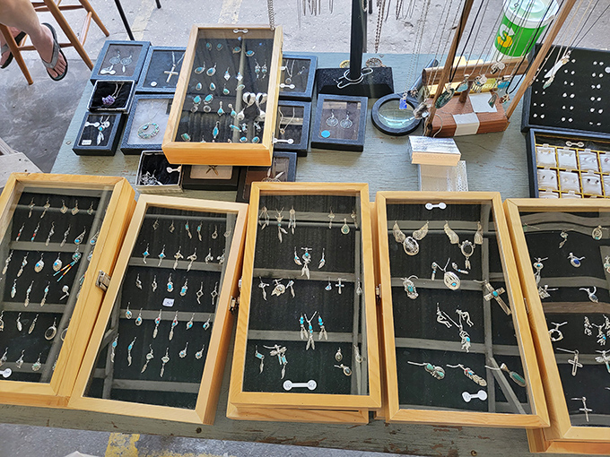 Handcrafted jewelry displayed with care. Each piece tells a story—and at flea market prices, you can afford to listen.