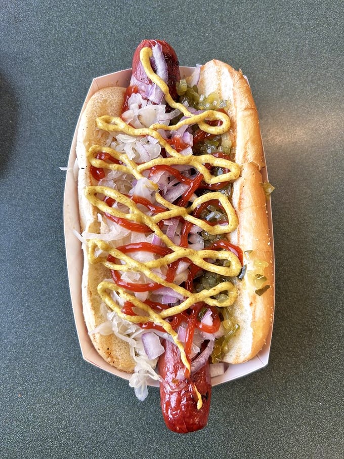 Not just any hot dog—a masterpiece of toppings architecture with mustard zigzags that would make Jackson Pollock proud.