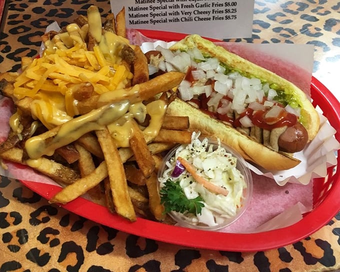 The "Matinee Special" arrives like a celebrity on the red carpet—a hot dog dressed to impress with cheese fries and slaw playing supporting roles.