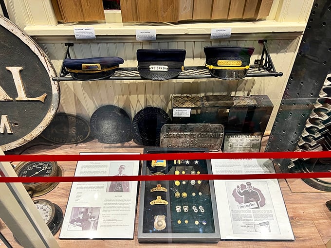 Railroad memorabilia under glass—conductor hats and badges that once signified authority on America's iron highways.