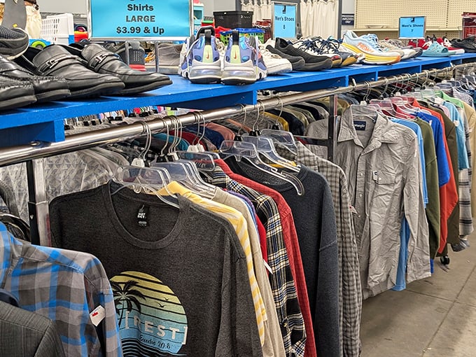 Men's clothing organized by size and type. That vintage tee might become your new favorite—and nobody at the barbecue will have the same one!