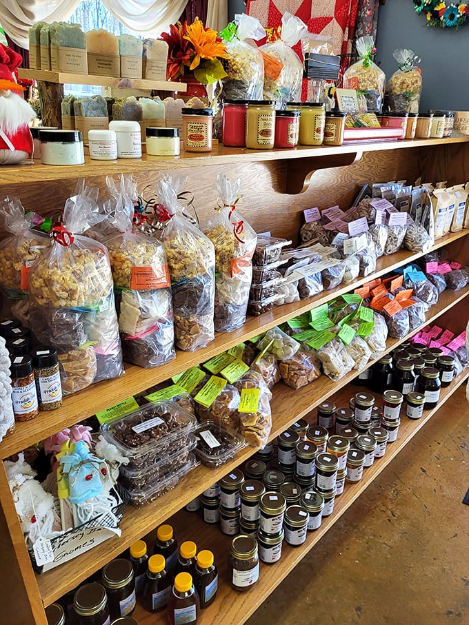 Shelves stocked with homemade jams, jellies, and baked treats—take-home reminders that this meal was definitely worth the drive today.