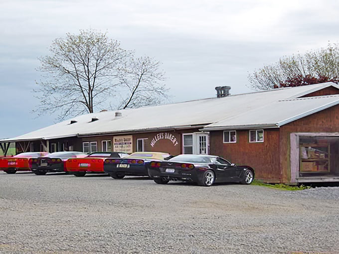 Corvettes lined up outside Miller's Bakery—proof that even the fastest among us slow down for homemade pie. Speed meets sweet in perfect harmony.