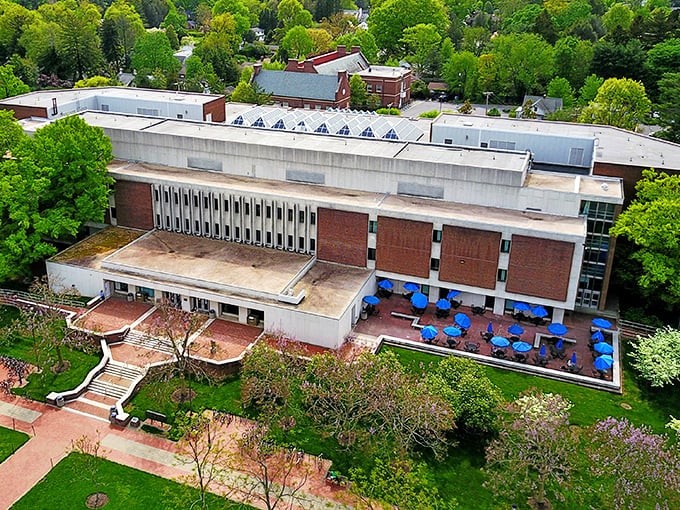 The University's Morris Library isn't just for students—it's an architectural landmark where community members can browse collections or simply admire the view.