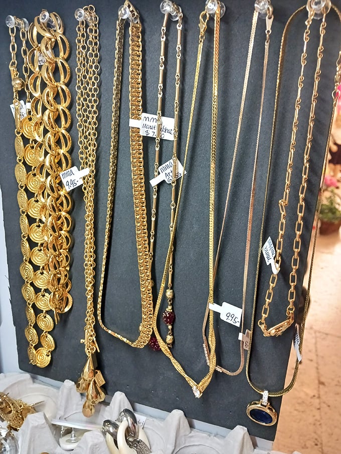 Vintage jewelry displayed with care—because someone's costume bling from the '80s is another person's treasure today.