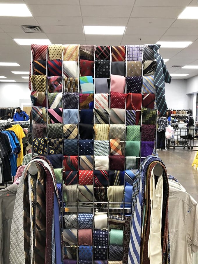 The necktie mosaic—where corporate America's former identity statements transform into an unexpectedly beautiful textile art installation.