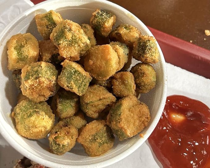 Fried okra that could convert even the most stubborn okra skeptics – crispy, seasoned perfection that deserves its own fan club.