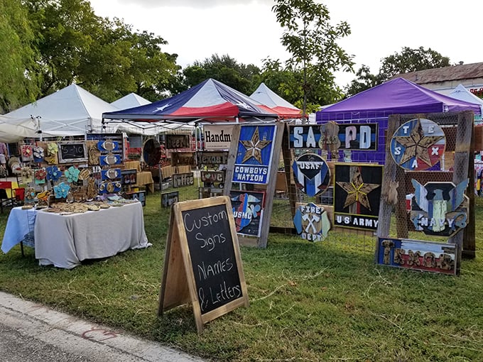 Market days transform Gruene into an open-air treasure hunt where vintage military insignia somehow makes perfect sense alongside handmade crafts.