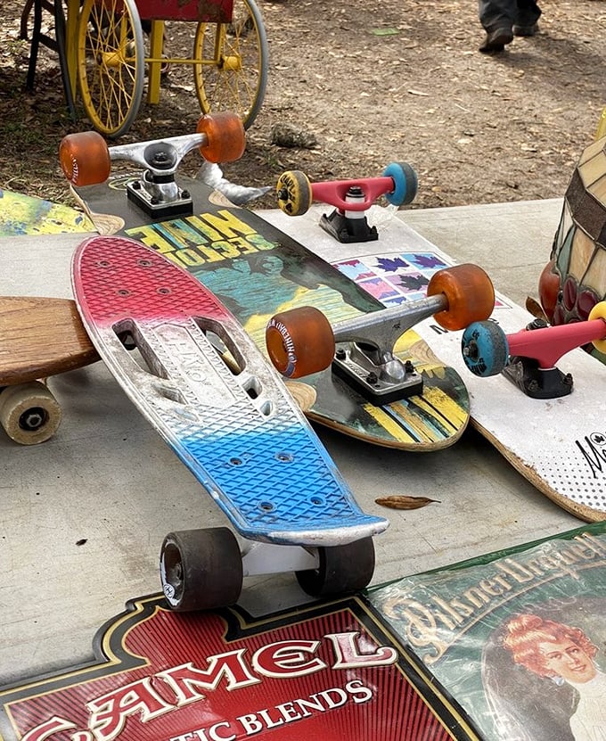 Vintage skateboards that have seen better days – now retired from half-pipes to become wall art for nostalgic Gen-Xers with disposable income.