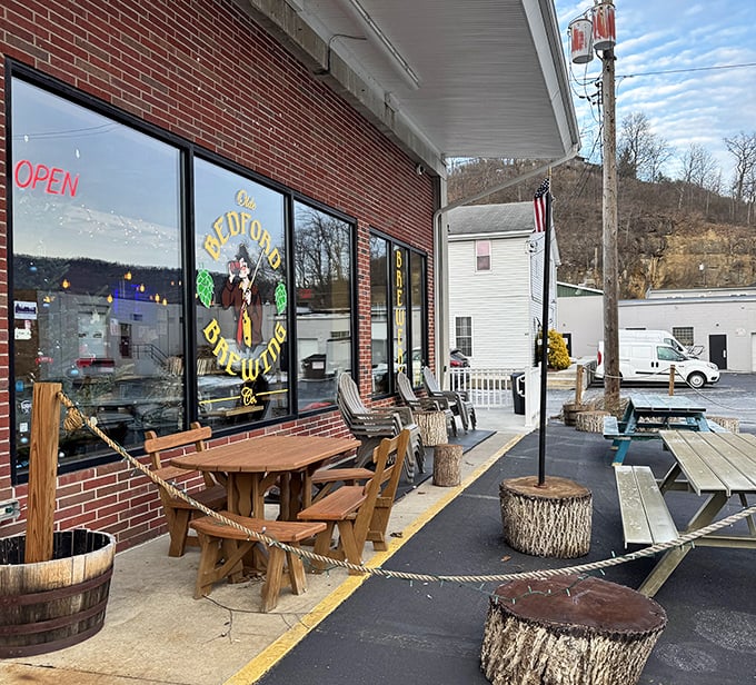 Olde Bedford Brewing Company's rustic outdoor seating invites you to savor craft beers while contemplating the hills that inspired "America the Beautiful."