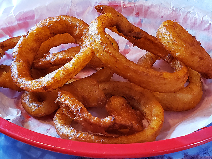 Onion rings that deserve their own highlight reel – perfectly crisp, golden circles that make an irresistible side to any sandwich.