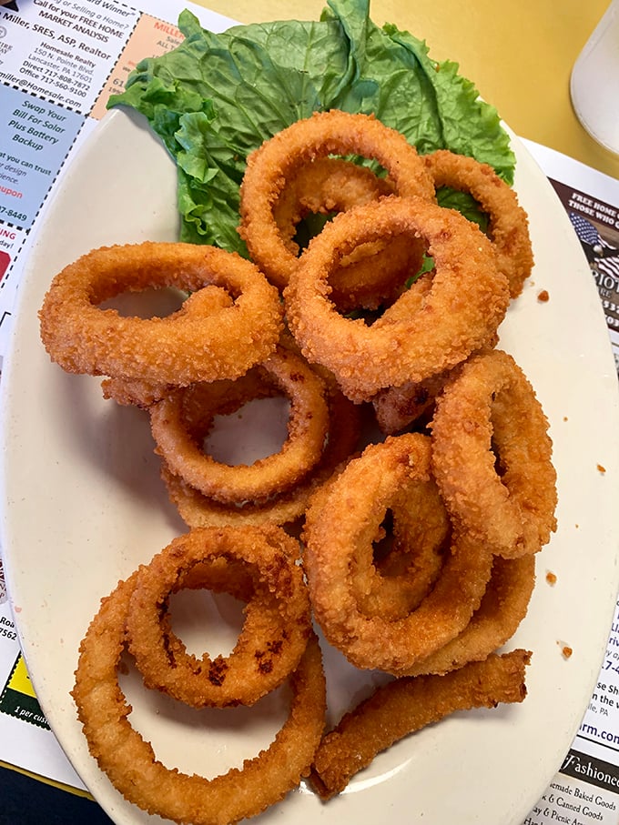 Golden-brown onion rings stacked high on crisp lettuce – the perfect crunchy counterpoint to the restaurant's heartier offerings.