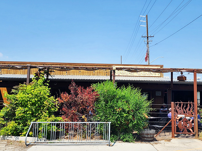 Lucky 13's outdoor seating area – where fresh air makes the burgers taste even better. Those metal chairs have supported countless food comas.