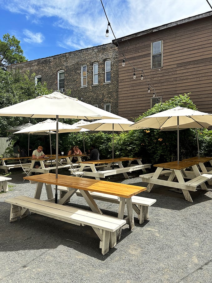 The outdoor oasis – where picnic tables and umbrellas create the perfect backdrop for pie-induced happiness on Chicago summer days.