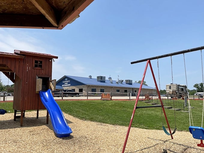 Even the playground outside seems to say, "Let the kids work up an appetite—you're going to need all the help you can get."