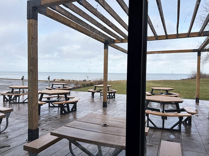Rain-slicked picnic tables with a view of Lake Erie itself—because sometimes the best seasoning is the scenery. Worth braving any weather.