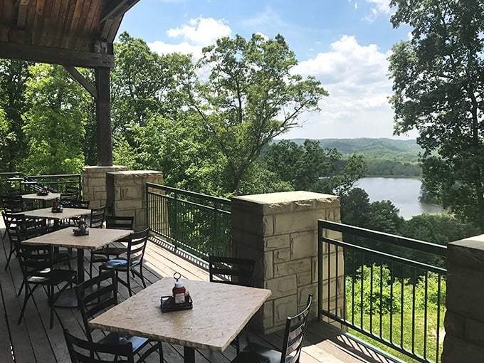 Dining al fresco here isn't just about the food—it's about savoring each bite while nature puts on a show across the shimmering lake.