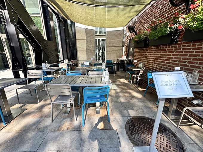 The outdoor seating area offers urban tranquility – blue chairs against brick walls where you can savor your Jerusalem bagel while watching Philadelphia stroll by.