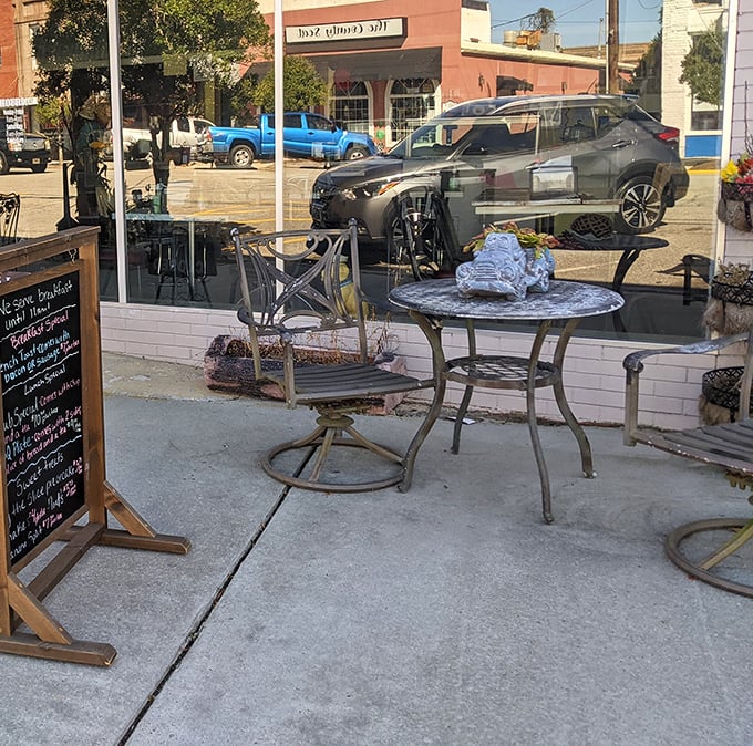 Outdoor seating with a chalkboard menu – where locals linger over coffee and visitors get their first taste of Burgaw's unhurried charm.