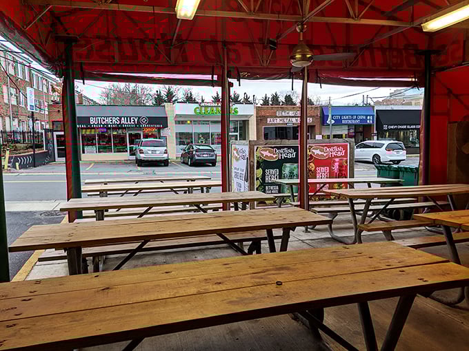 The outdoor seating area with its picnic tables stands ready for the messiest, most delicious meals you'll ever have. Crab feasts and fresh air—a perfect combination.