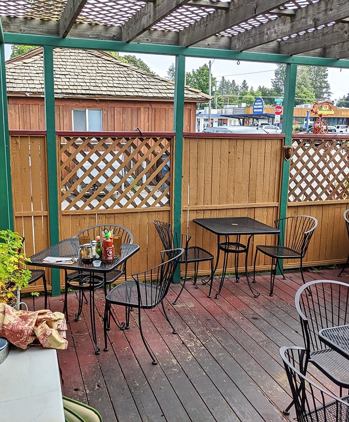 The outdoor deck offers fresh air with your fresh food—a perfect spot to plan your day's adventures while fueling up on breakfast excellence.