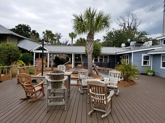 Adirondack chairs invite you to linger after your meal – because rushing away from paradise should be considered a minor crime.