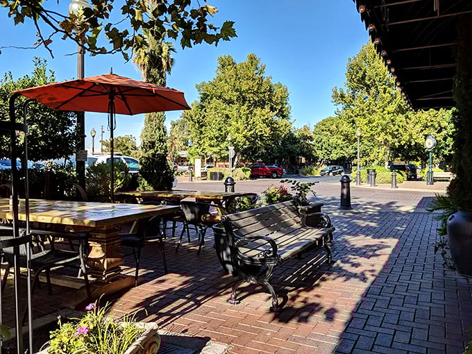 Outdoor seating bathed in California sunshine offers the perfect spot to digest your steak while watching the world of Winters go by at its charmingly unhurried pace.