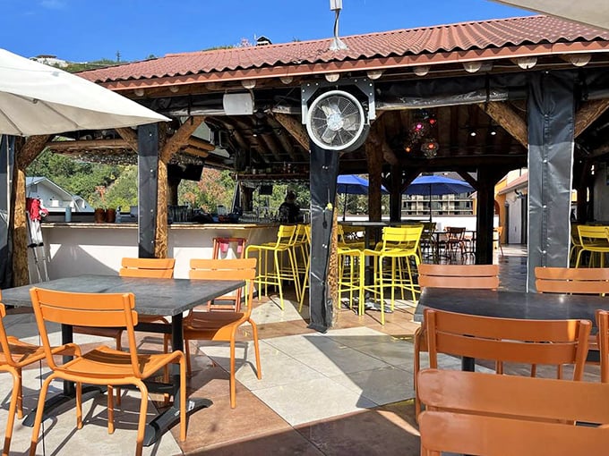 Outdoor seating that captures the essence of vacation—fresh air, mountain scenery, and the promise of Mexican food. What more could you want?