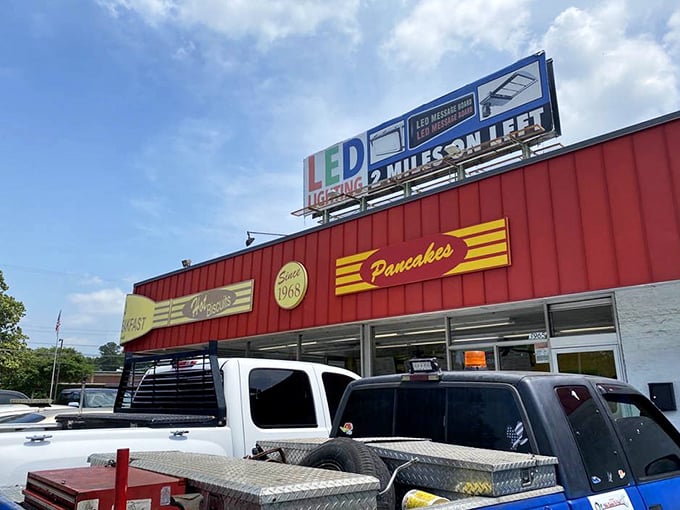 The exterior view shows a no-nonsense approach to breakfast. That "Pancakes" declaration isn't a suggestion—it's a command your stomach should obey.