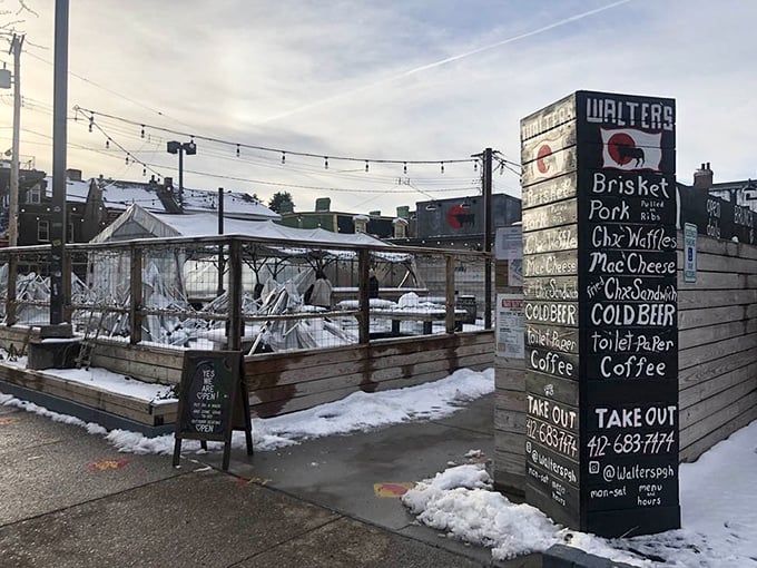 Even in winter, Walter's outdoor space stands ready – a testament to Pittsburghers' dedication to great barbecue regardless of weather conditions.