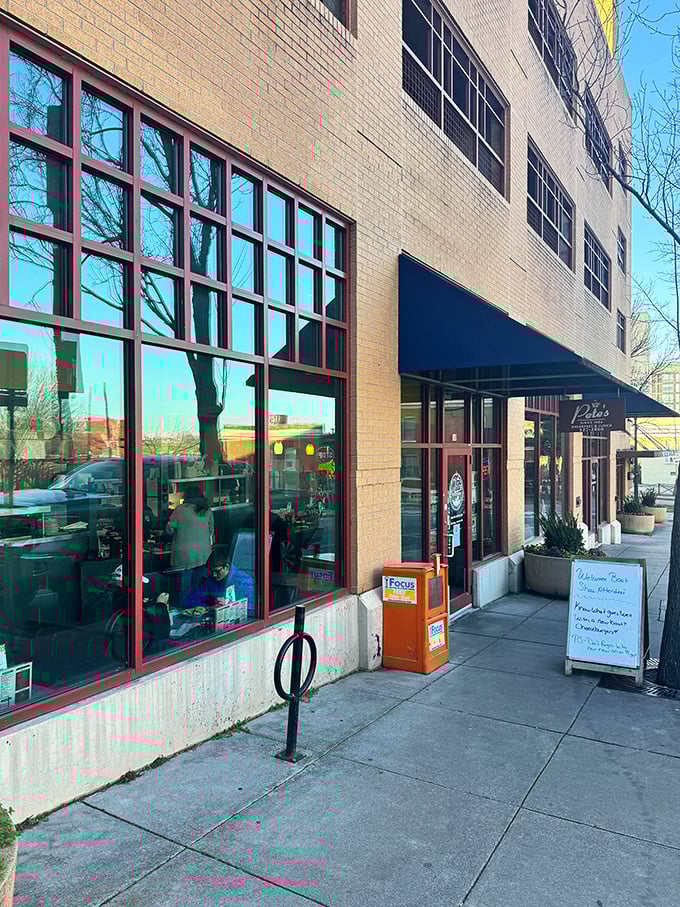 The exterior view on a blue-sky day—Pete's brick façade and distinctive windows have become a downtown Knoxville landmark for hungry travelers.