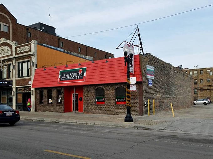 The street view reveals J.B. Alberto's as it truly is—a neighborhood cornerstone that happens to serve exceptional pizza.