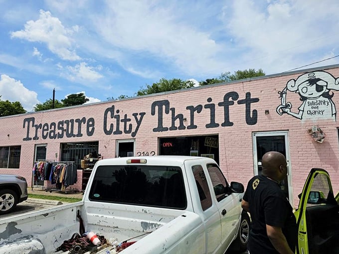 Even from the outside on a bright Texas day, Treasure City Thrift beckons with its pink walls and promise of unexpected discoveries within.