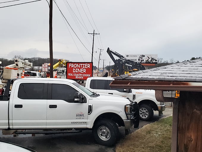 Work trucks in the parking lot tell you everything you need to know—this is where people who know value eat before tackling the day ahead.