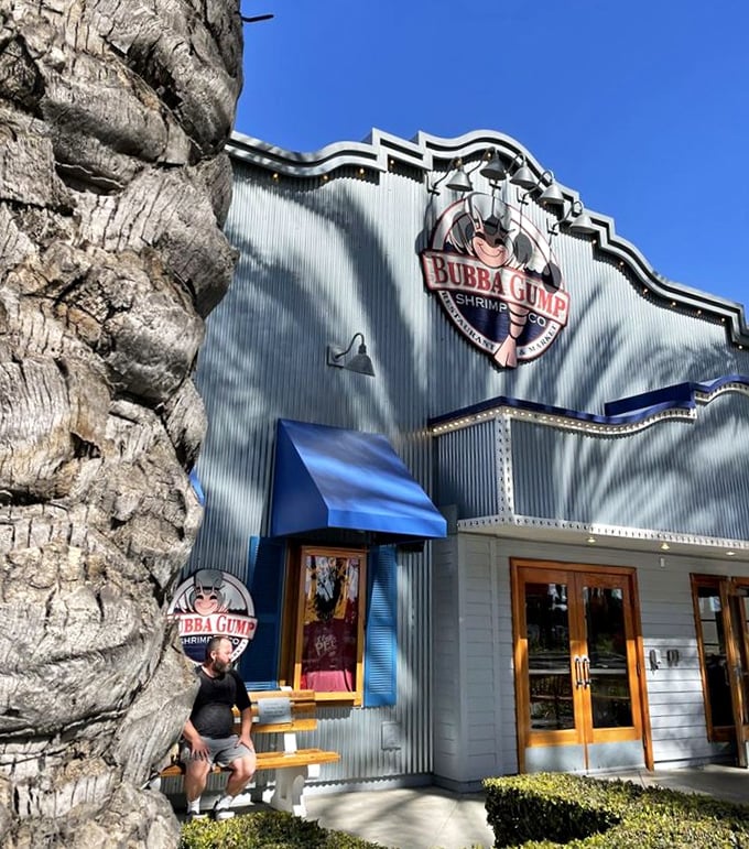 Corrugated walls, bold signage, and a shrimp fan soaking in the Anaheim sun — Bubba Gump Shrimp Co. serves up movie magic before you even step inside.