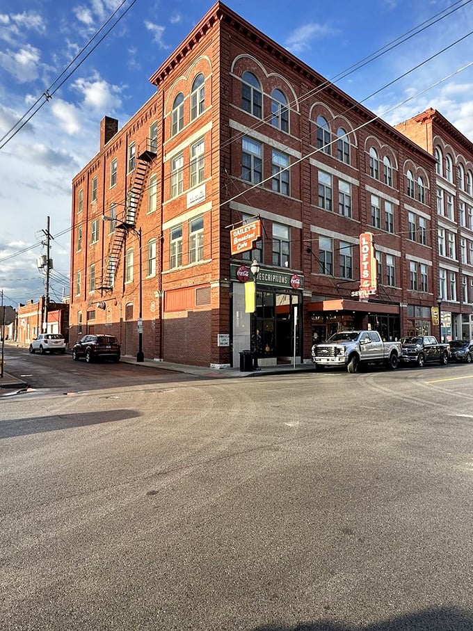 A historic brick building housing modern breakfast dreams—where downtown Springfield shows off its architectural heritage while feeding its future.