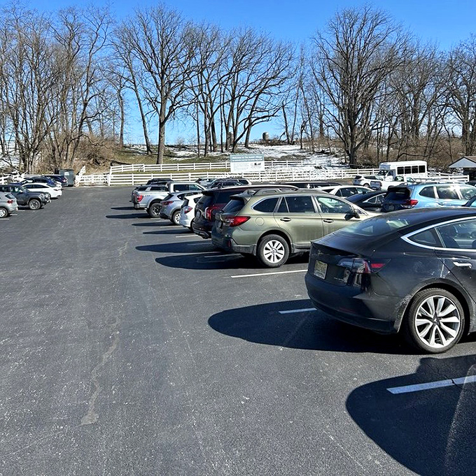 Even the parking lot offers a stark contrast—modern vehicles waiting patiently while their owners step back in time just yards away.