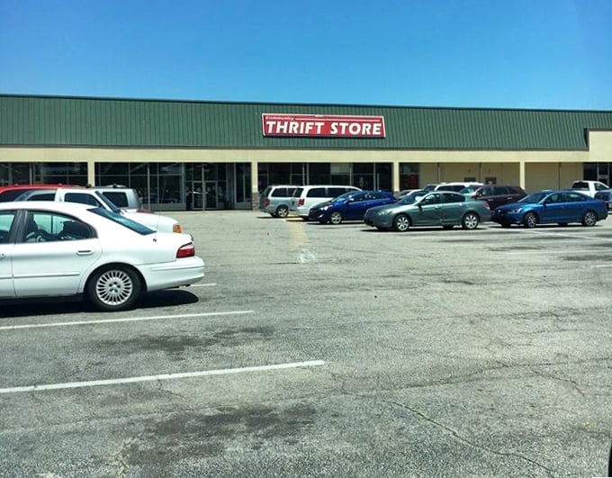 The parking lot—first battlefield of the thrift store experience. Arrive early, park strategically, leave with car trunks heavier than your wallet.