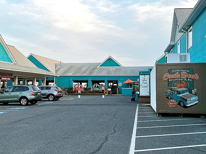 A mural and multiple entrances hint at the sprawling seafood complex—where Maryland's maritime bounty awaits in all its Old Bay-dusted glory.